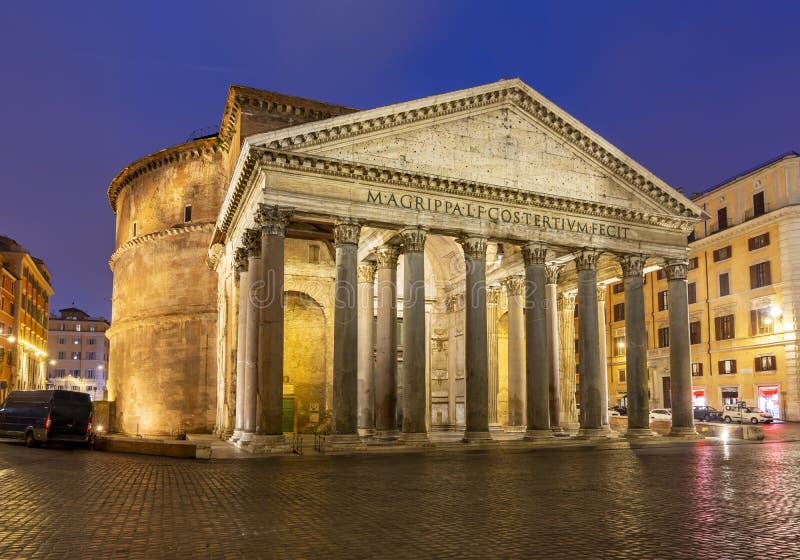 Ancient Pantheon Building in Rome at Night, Italy Stock Photo - Image ...