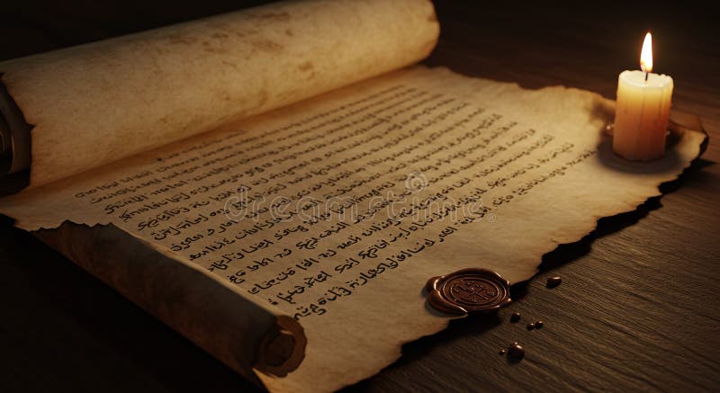 Ancient Parchment Scroll with Arabic Script, Illuminated by Candlelight ...