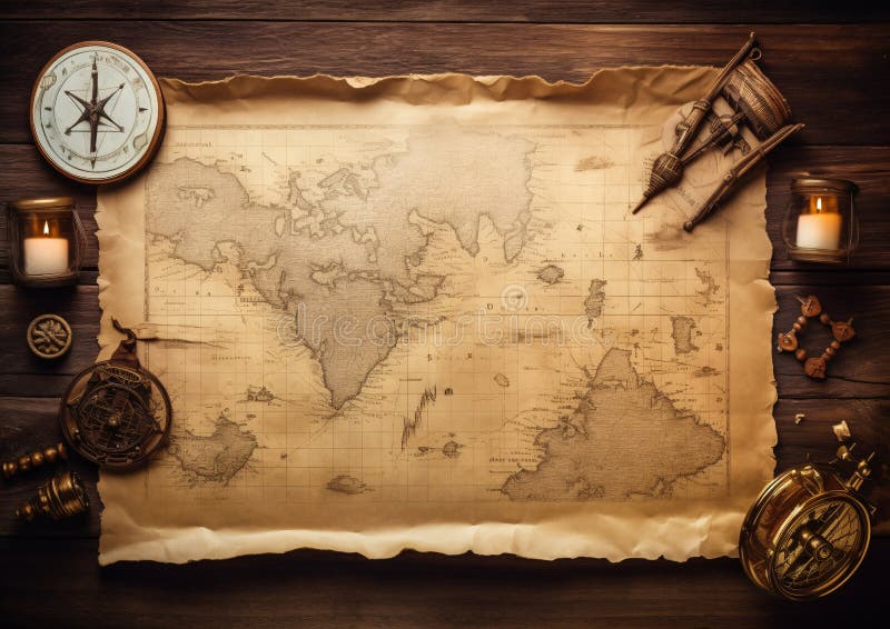 An Ancient Parchment with a Treasure Map is Laid on an Old Table Stock ...