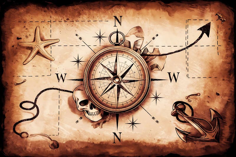 Ancient Parchment Vintage Paper Map and Compass of Scroll Illustration ...