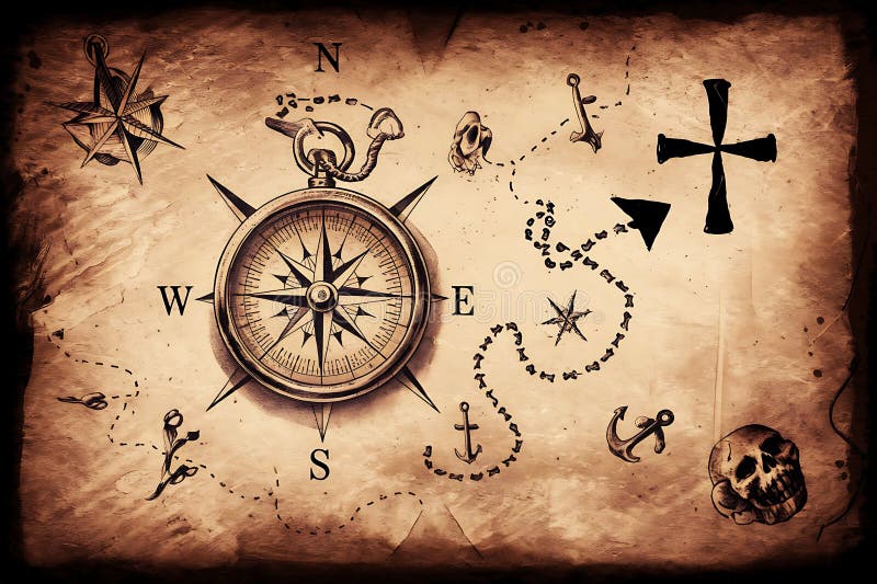 Ancient Parchment Vintage Paper Map and Compass of Scroll Illustration ...