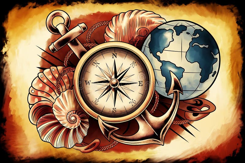 Ancient Parchment Vintage Paper Map and Compass of Scroll Illustration ...