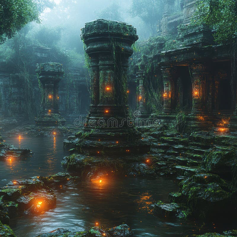 Ancient, Partially Submerged Temple Complex with Moss-covered Stone ...