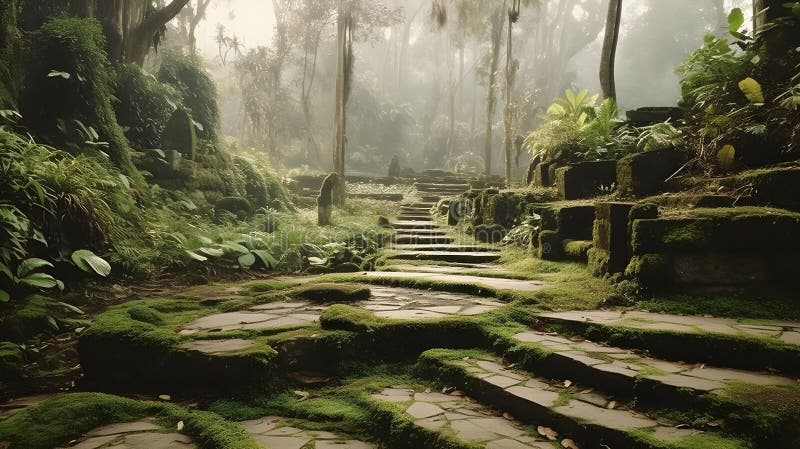 An Ancient Path into the Deep Jungle or Ruin Filled with Green Moss and ...