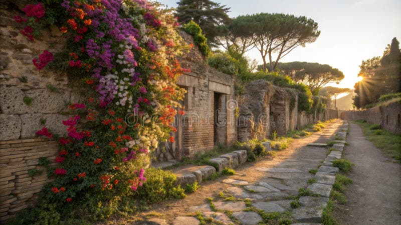 Ancient Pathway Bathed in Golden Sunset Light, Flanked by Ruins and ...