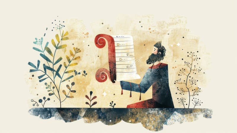 Ancient Philosopher Reading a Scroll in Stylized Illustration Stock ...
