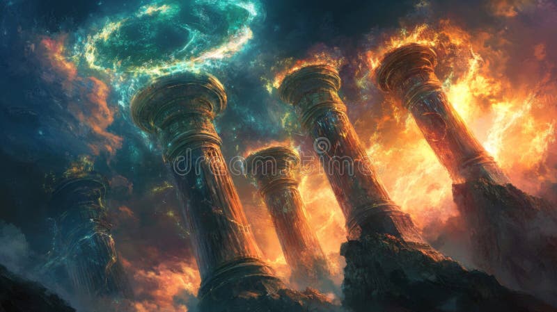 Ancient Pillars Surrounded by Fire and Light Stock Illustration ...