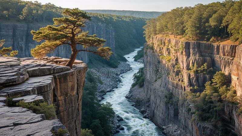 Ancient Pine Leans Over Rocky Ledge Above Roaring Whitewater Gorge ...