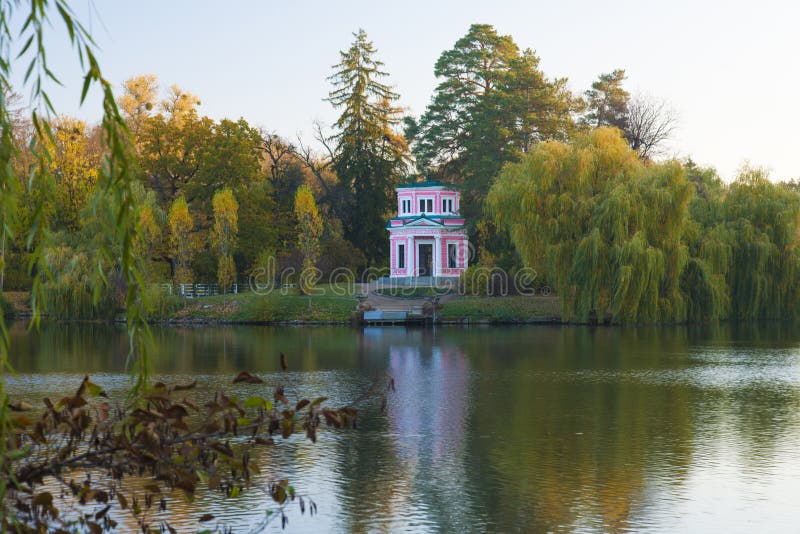Ancient Pink Pavilion in Autumn Park Stock Photo - Image of landscape ...