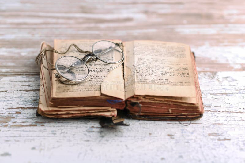 Ancient Prayer Book with Spectacles on Top, Old Slavic Text in the Book ...