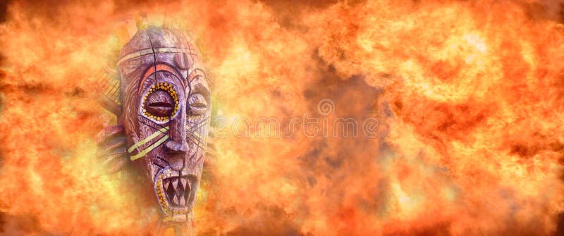 Ancient Primitive Wooden Mask Surrounded by a Solid Wall of Flame Stock ...