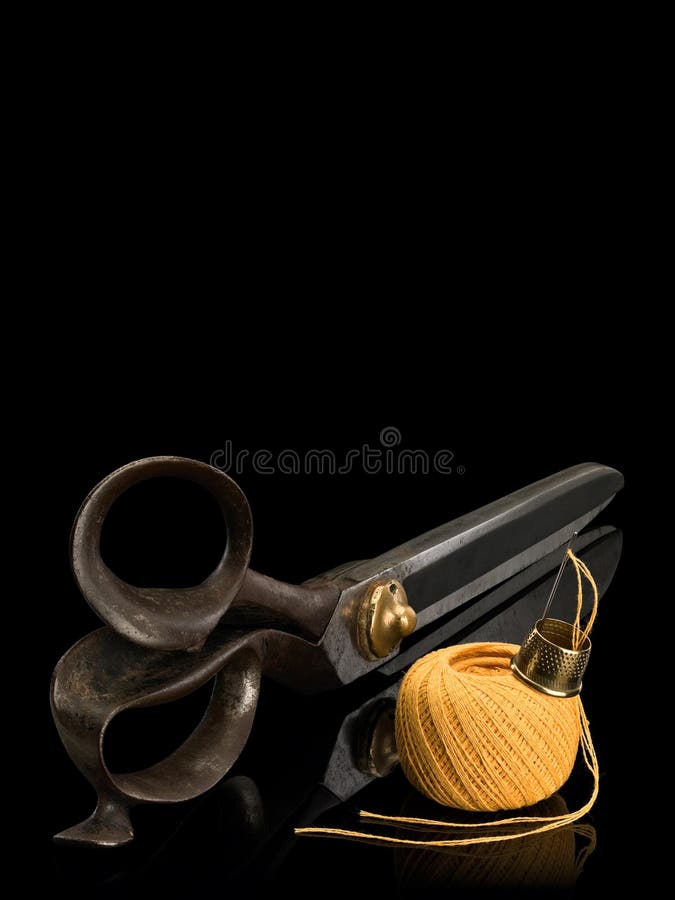 Ancient, Professional Scissors of the Cutter, Hank of Yellow Threads ...
