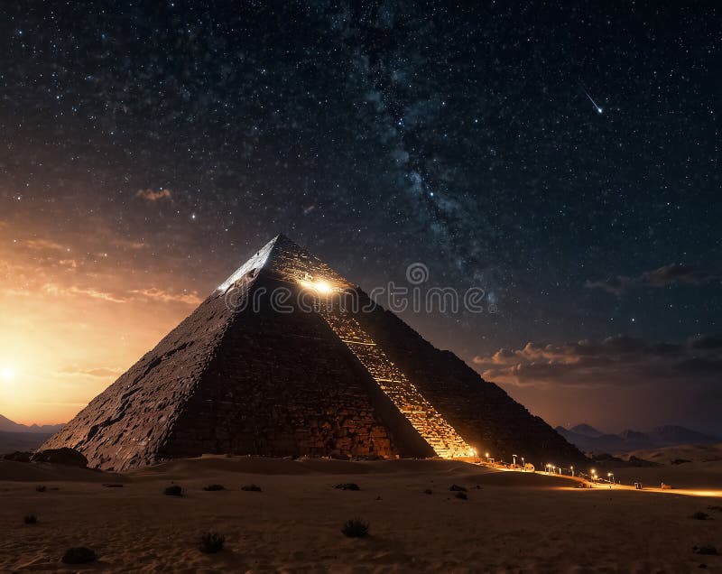 Ancient Pyramid Illuminated with Light Under the Night Starry Sky Stock ...