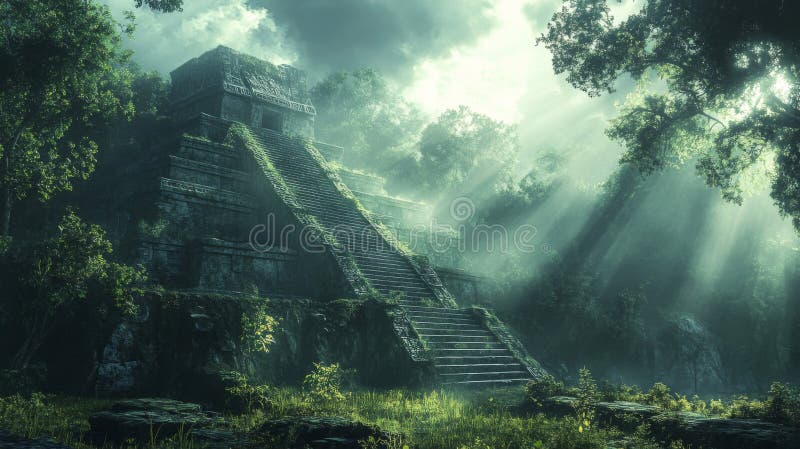 Ancient Pyramid in Lush Jungle at Sunrise Stock Illustration ...