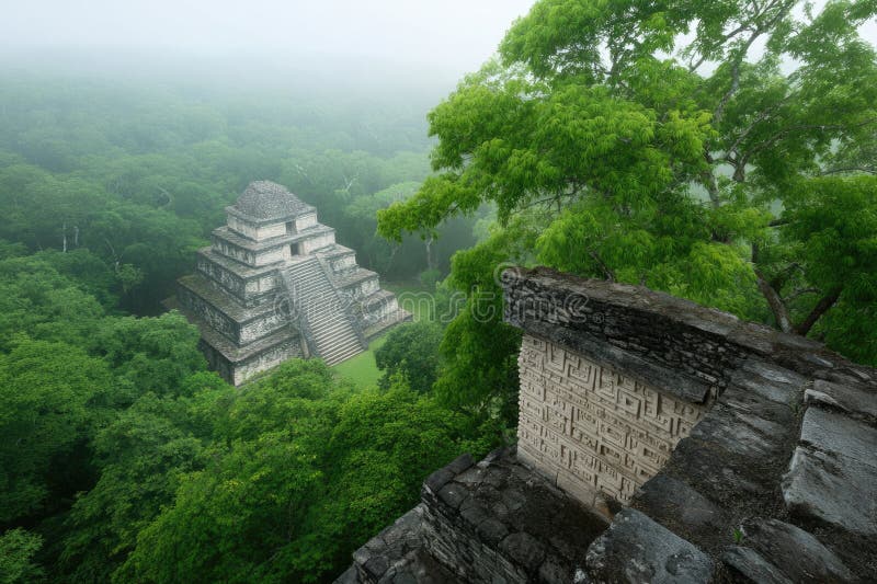 An Ancient Pyramid Rises from Dense Trees Under a Thick Layer of Fog ...