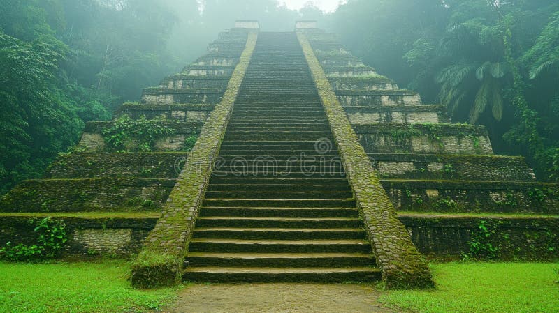 Ancient Pyramid Steps Leading To a Misty Summit. Overgrown Jungle ...
