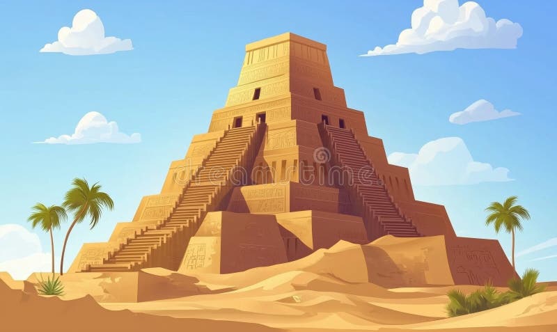 Ancient Pyramid Structure in Desert Landscape with Palm Trees Stock ...