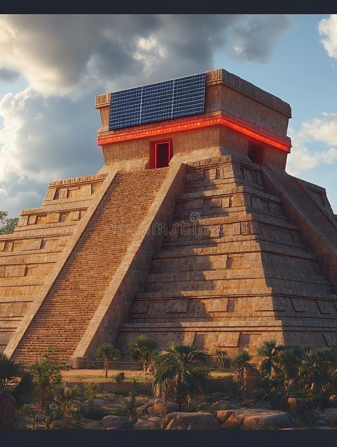 Ancient Pyramid Structure with Solar Panels on Top and Red Lights ...