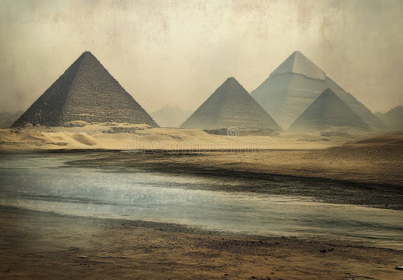 Ancient Pyramids in Desert Landscape Under Hazy Sunlight Stock ...