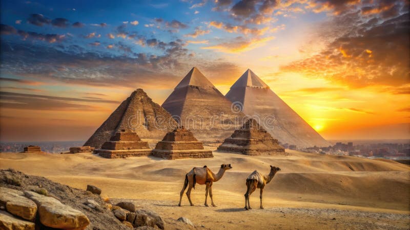 Ancient Pyramids at Sunset with Camels in the Foreground. Generative AI ...