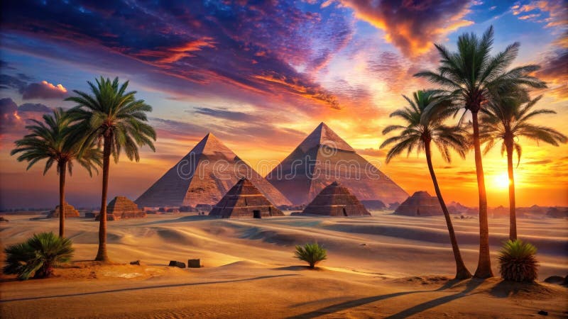 Ancient Pyramids at Sunset Majestic Structures and Palm Trees in a ...