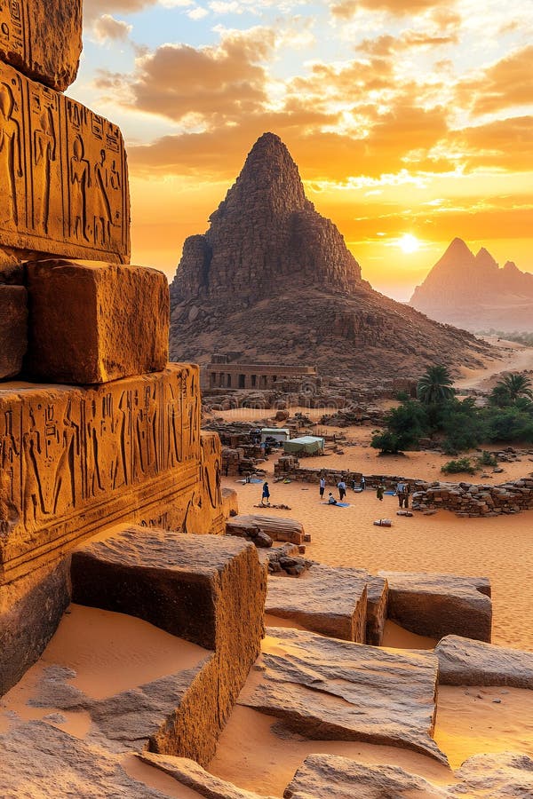 Ancient Pyramids and Temples at Sunset in Nubia, Sudan, with ...