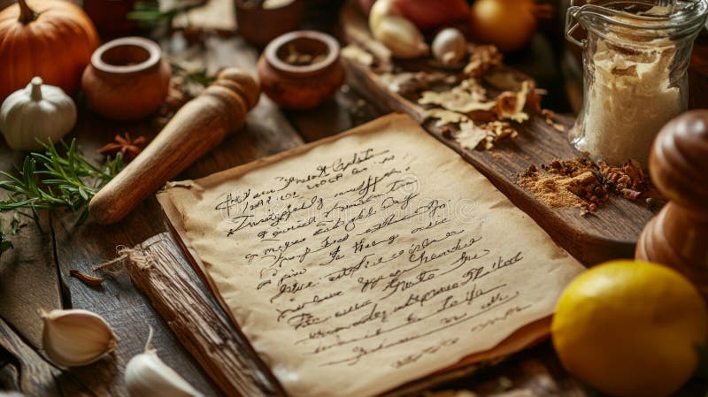 Ancient Recipe Manuscript Surrounded by Herbs and Spices Stock ...