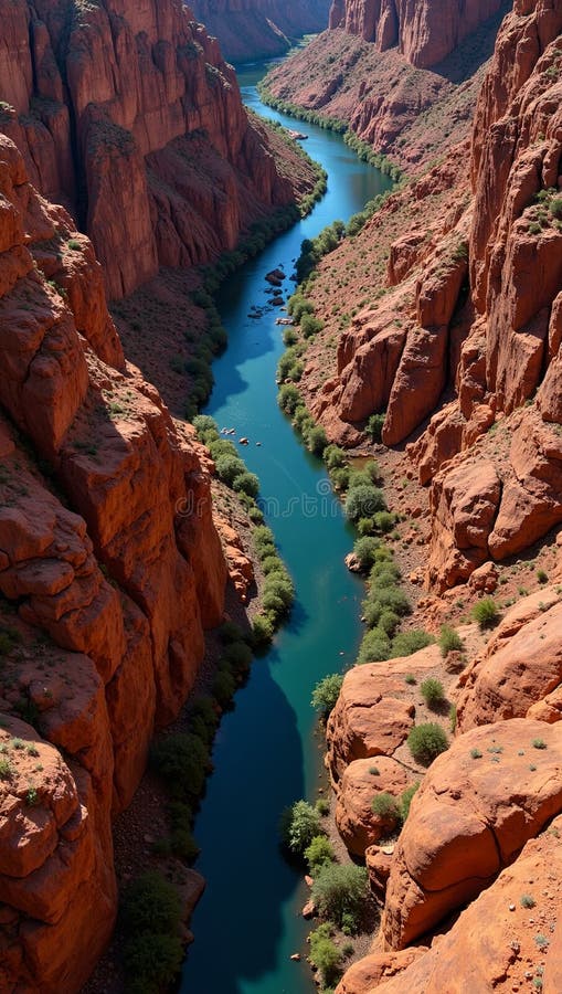 Ancient Red Canyon with Winding Blue River Below Stock Illustration ...
