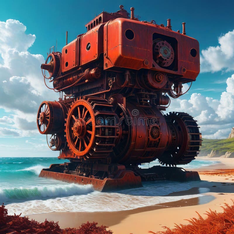 An Ancient Red Mechanical Engine Runs Aground on the Digital Art Stock ...