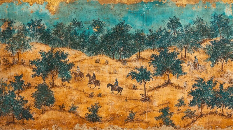 Painting of Ancient Riders through a Golden Landscape Stock ...