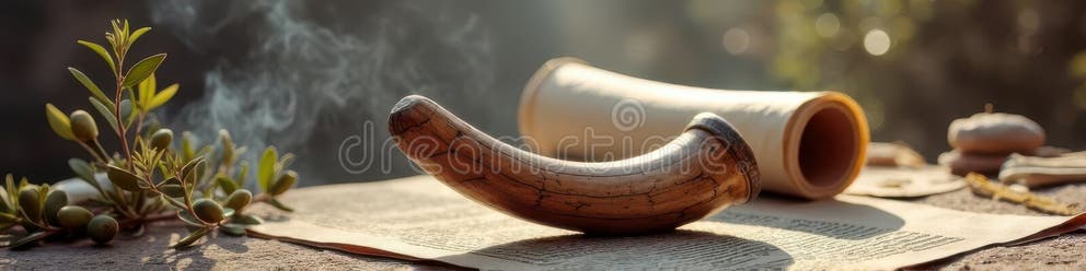 Ancient Ritual Objects on Table: Shofar Horn, Scroll, Olive Branch in ...