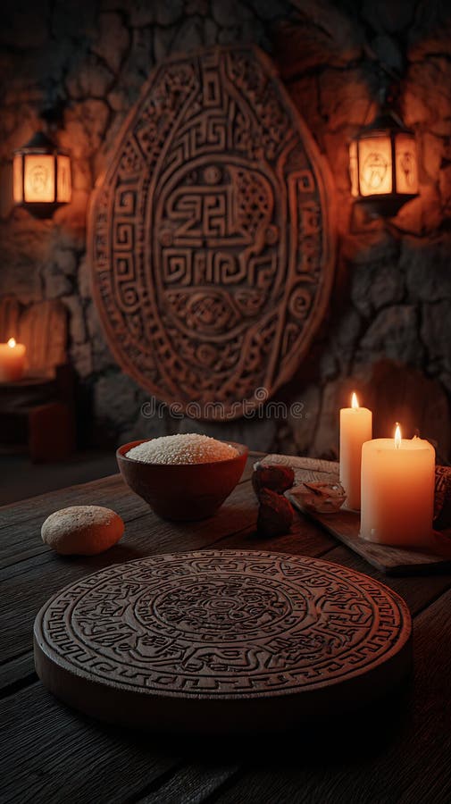 Ancient Ritual Table Setting with Candles and Sacred Symbols Stock ...