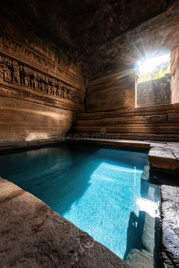 Ancient Rock-cut Cave Pool with Sunlight and Intricate Stone Carvings ...