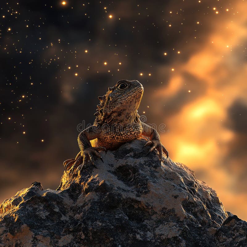 On an Ancient Rock, a Fantasy Portrait of a Mystical Lizard is Shown ...