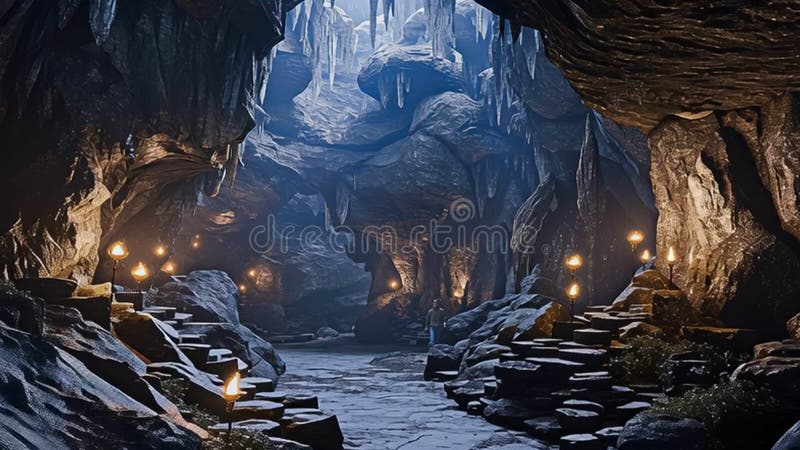 Ancient Rocky Cave Interior with Stone Steps and Glowing Torches ...