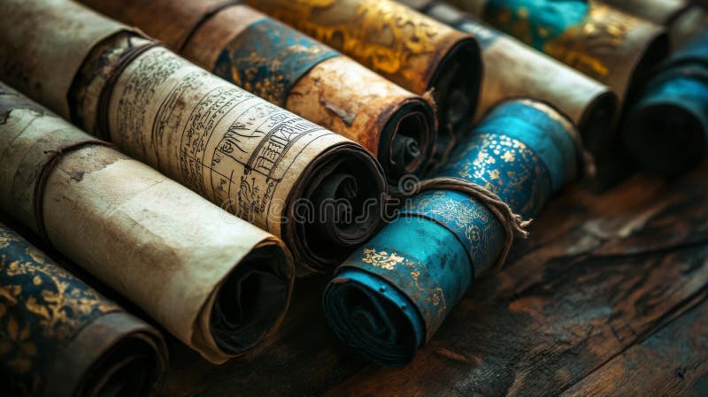 Ancient Rolled Manuscripts with Intricate Script and Embellishments ...