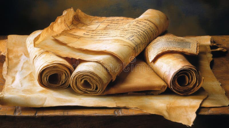 Ancient Rolled Parchment Documents with Handwritten Script Stock ...