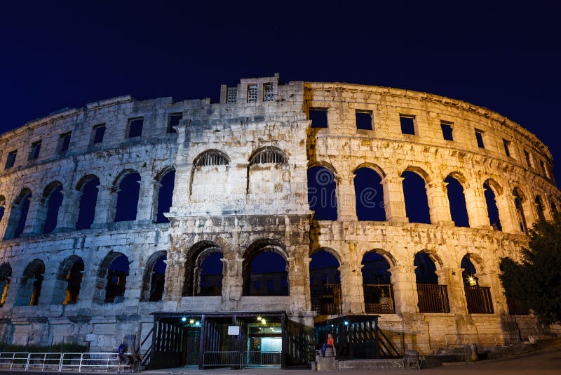 Ancient Roman Amphitheater in Pula at Night Stock Image - Image of ...