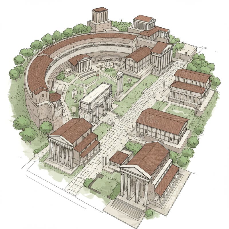 Ancient Roman Architectural Complex with Classical Elements. Numerous ...