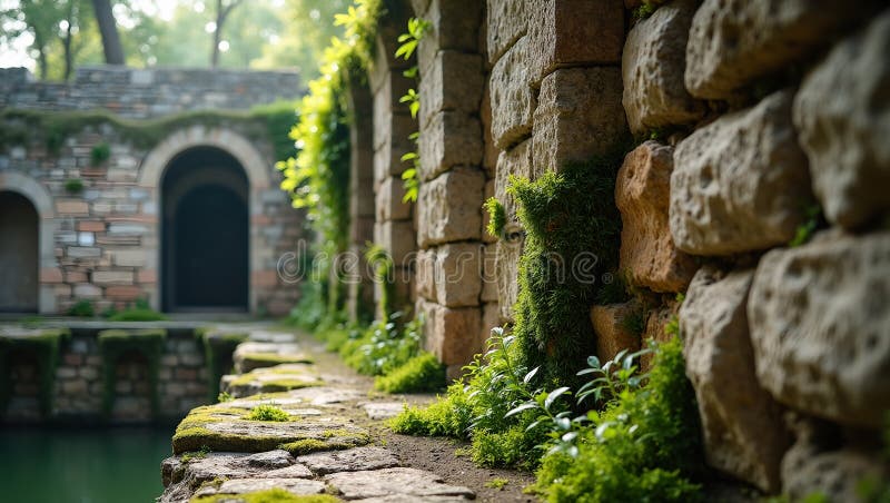 Ancient Roman Bath Ruins with Moss Covered Stones and Ivy Stock ...