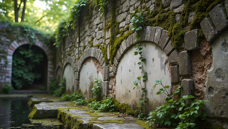Ancient Roman Bath Ruins with Moss Covered Stones and Ivy Stock ...
