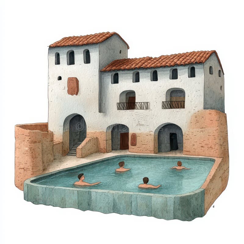 Ancient Roman Bathhouse Illustration with People Swimming in ...