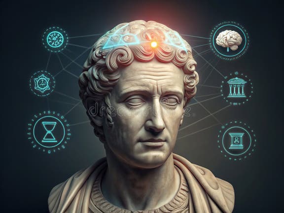 Ancient Roman Bust with Glowing Brain and Digital Network Connections ...