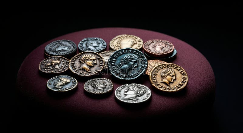 Ancient Roman Coins Collection on Velvet Display Surface Stock Photo ...