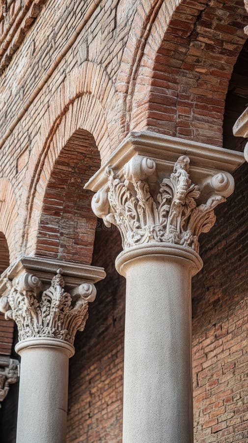 Ancient Roman Columns with Ornate Capitals and Brick Archway Stock ...