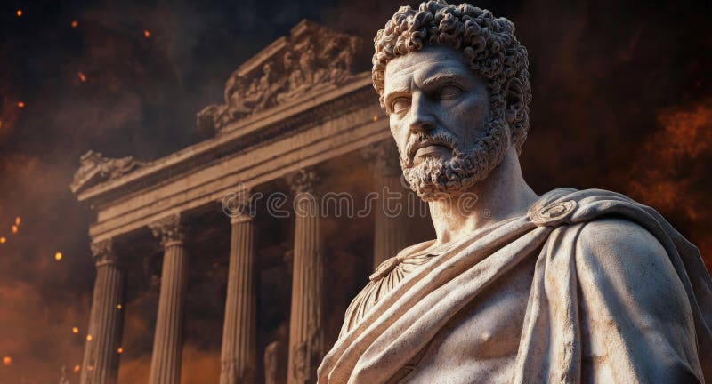 Ancient Roman Emperor Statue with Dramatic Temple Background and Fiery ...