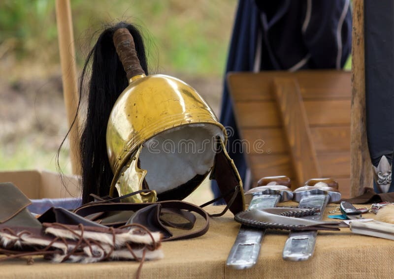Ancient Roman Helm and Other War Equipment Stock Image - Image of strap ...