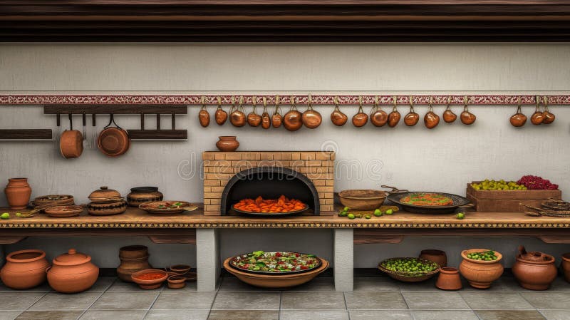 Ancient Roman Kitchen with Clay Pots and Wooden Shelves Stock ...