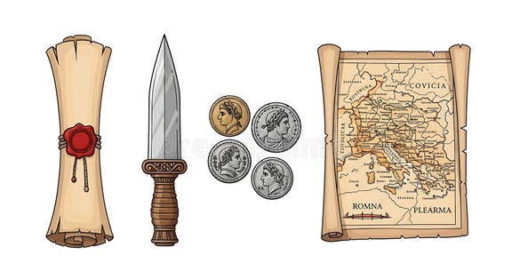 Ancient Roman Objects: Map, Scroll, Dagger, and Coins on White ...