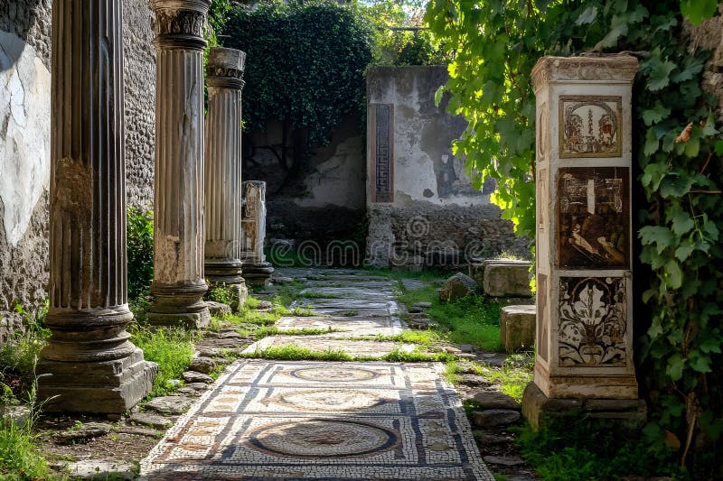 Ancient Roman Ruins with Columns and Mosaic Pathway Stock Image - Image ...